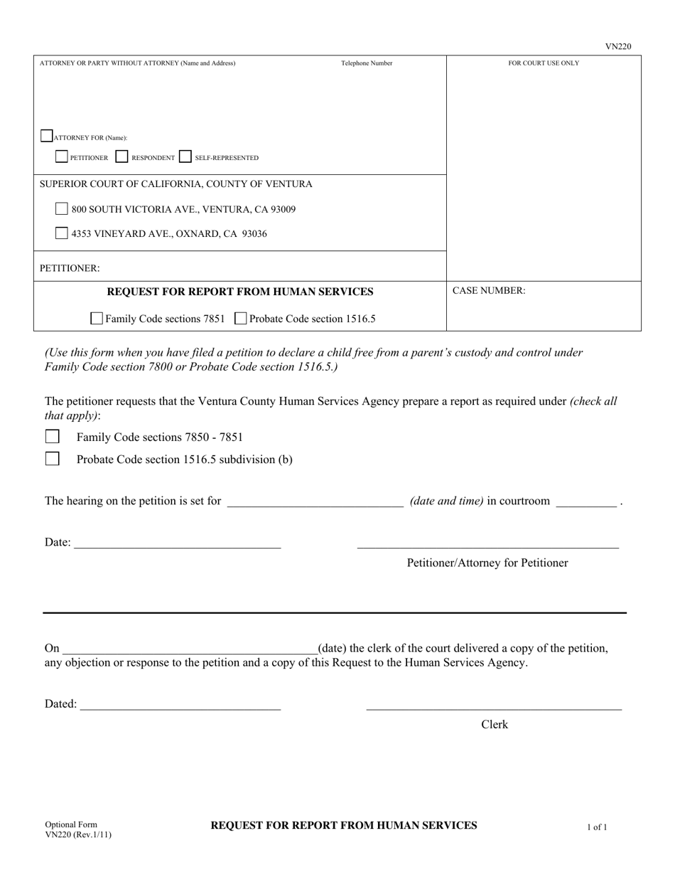 Form VN220 - Fill Out, Sign Online and Download Fillable PDF, County of Ventura, California ...