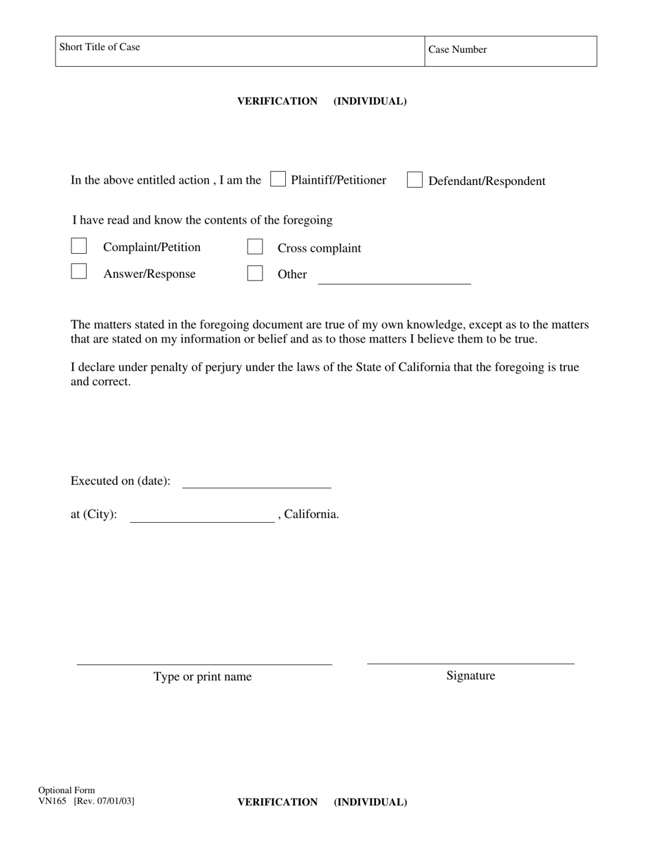 Form VN165 - Fill Out, Sign Online and Download Fillable PDF, County of ...
