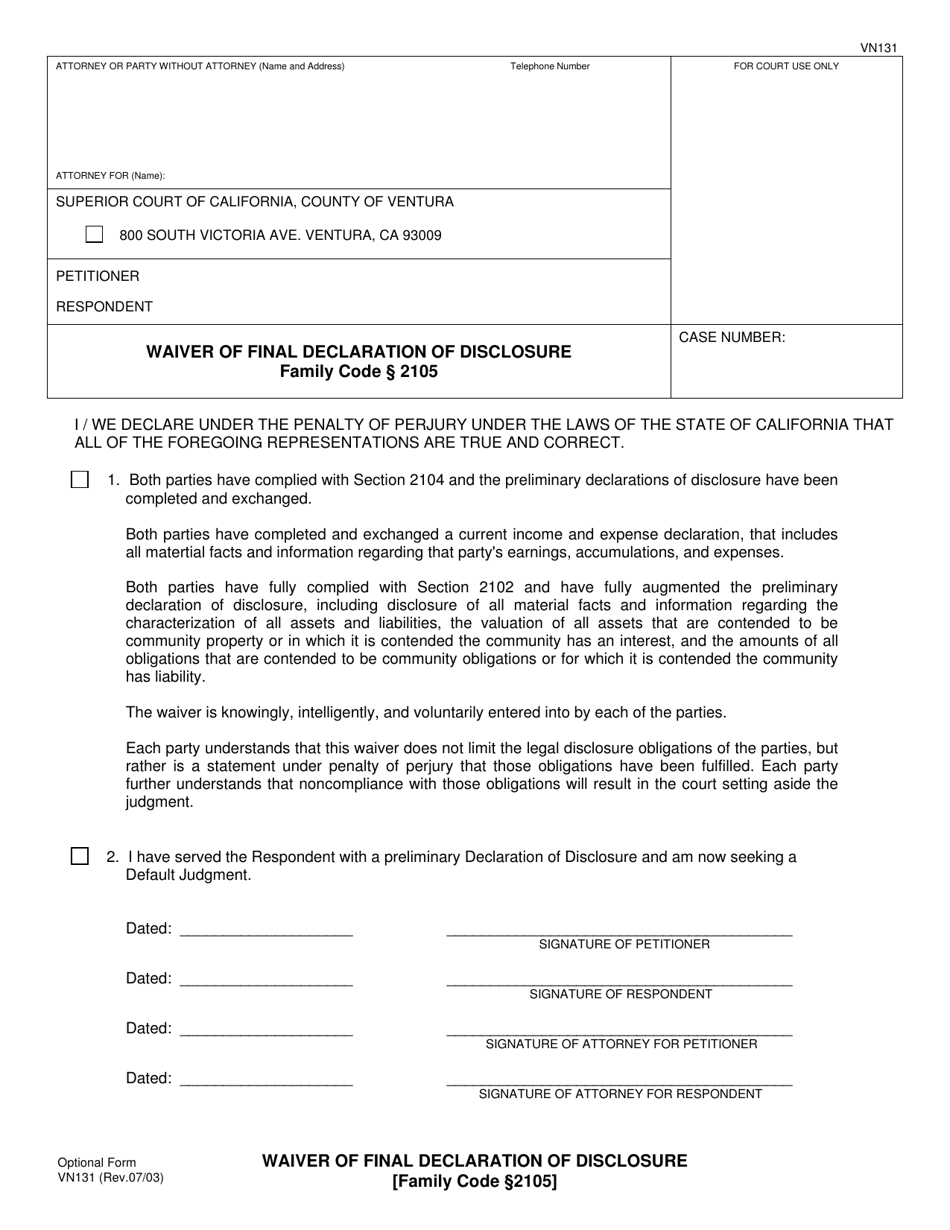 Form VN131 - Fill Out, Sign Online and Download Fillable PDF, County of ...