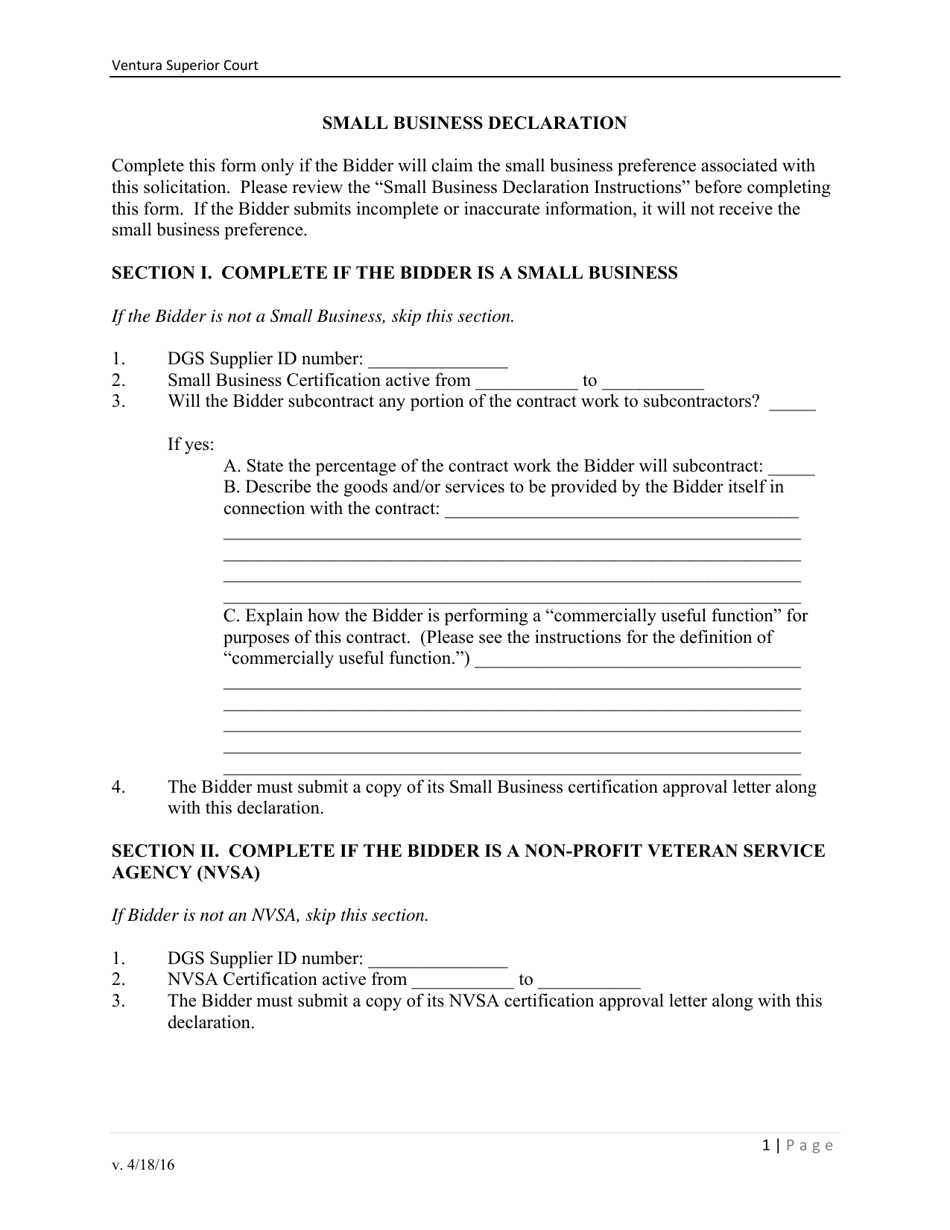 County of Ventura, California Small Business Declaration - Fill Out ...