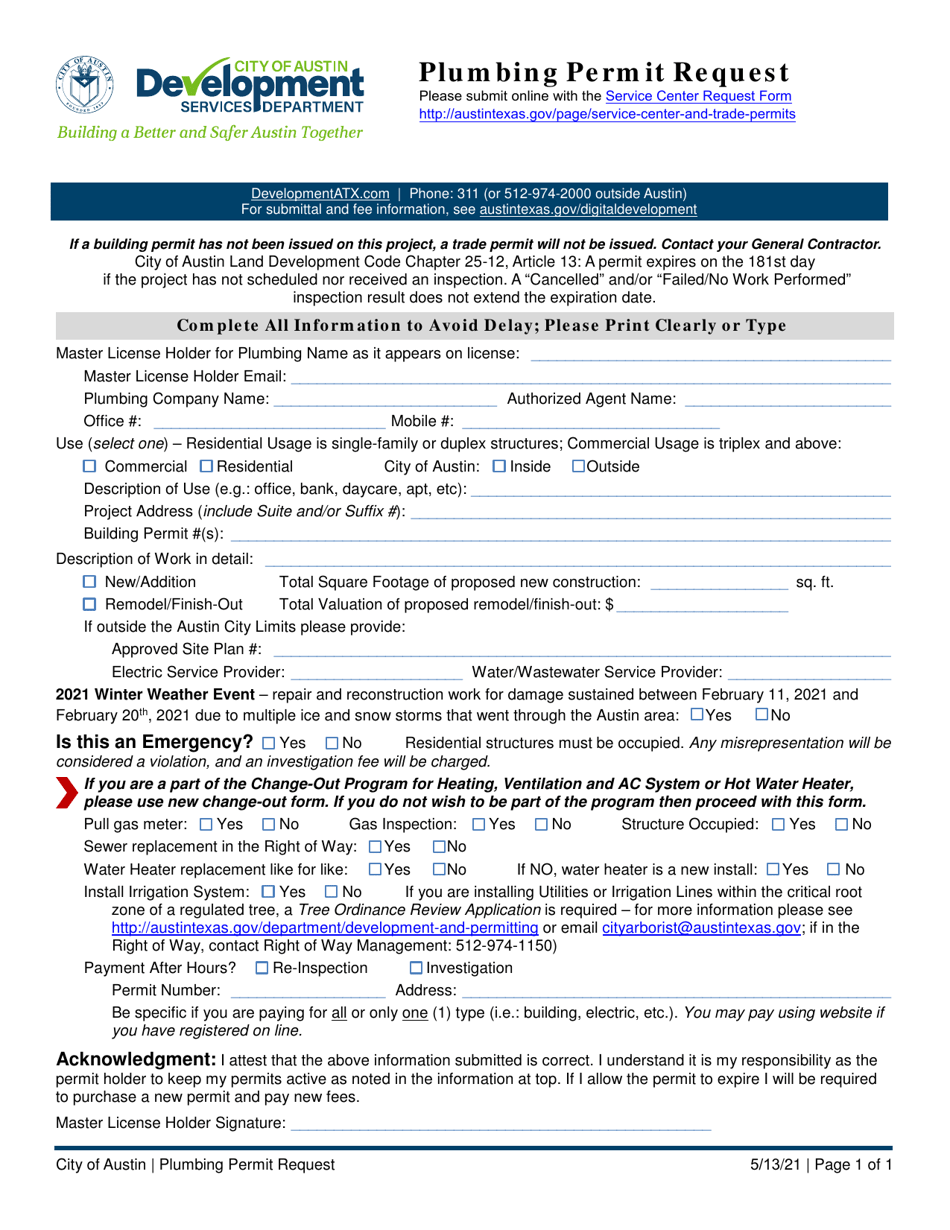 City of Austin, Texas Plumbing Permit Request - Fill Out, Sign Online ...