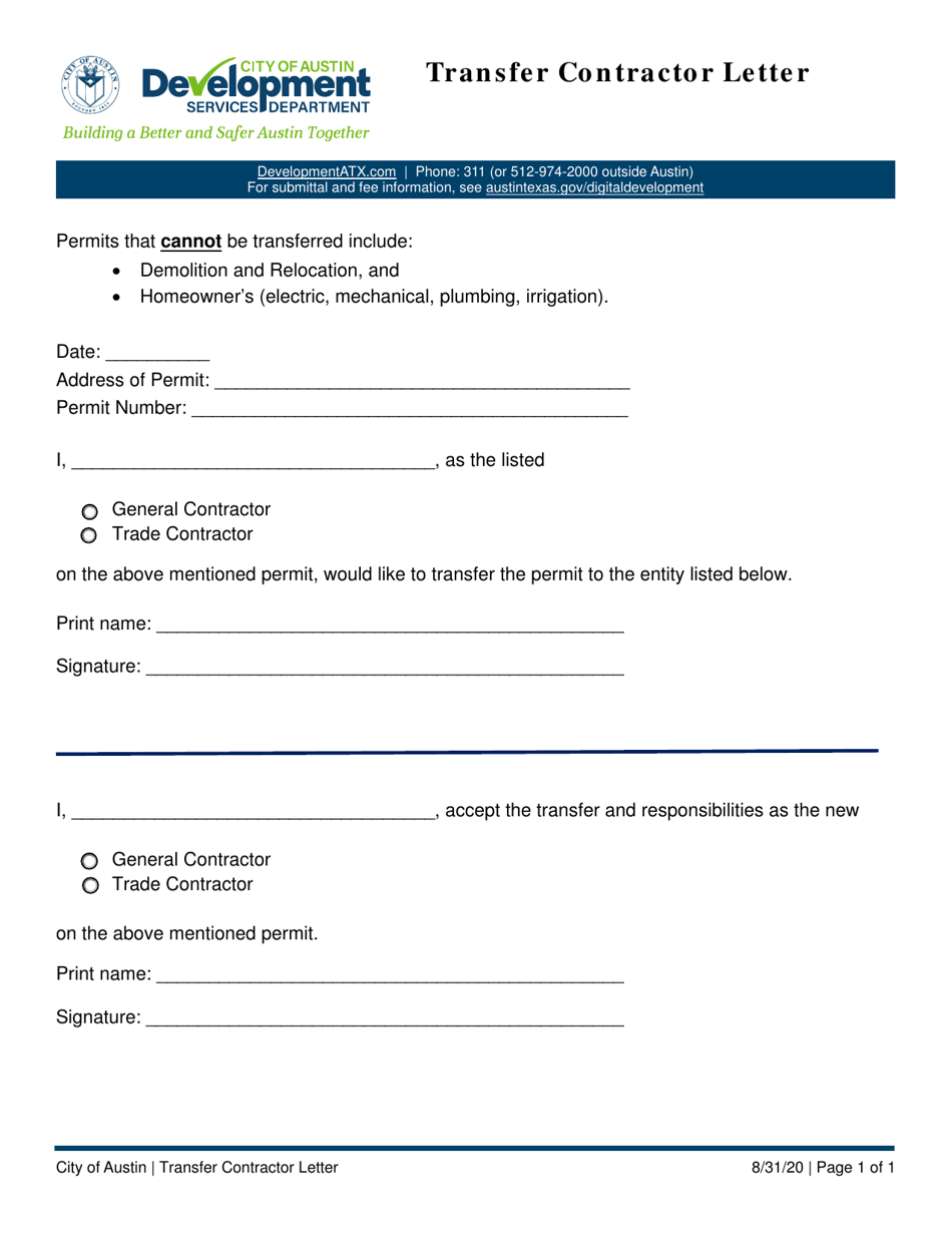 City of Austin, Texas Transfer Contractor Letter - Fill Out, Sign ...