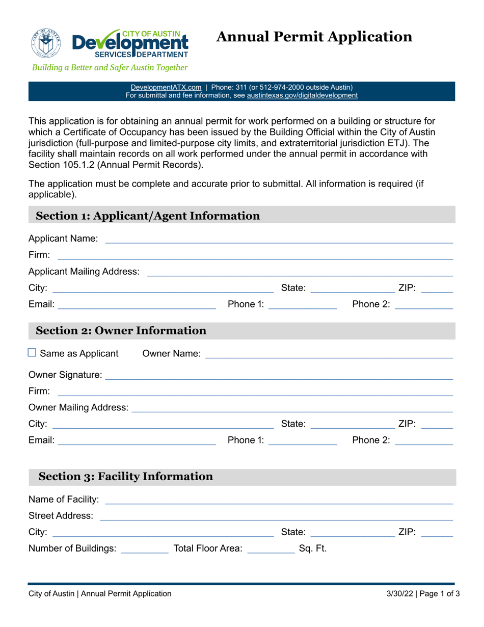 City of Austin, Texas Annual Permit Application - Fill Out, Sign Online ...
