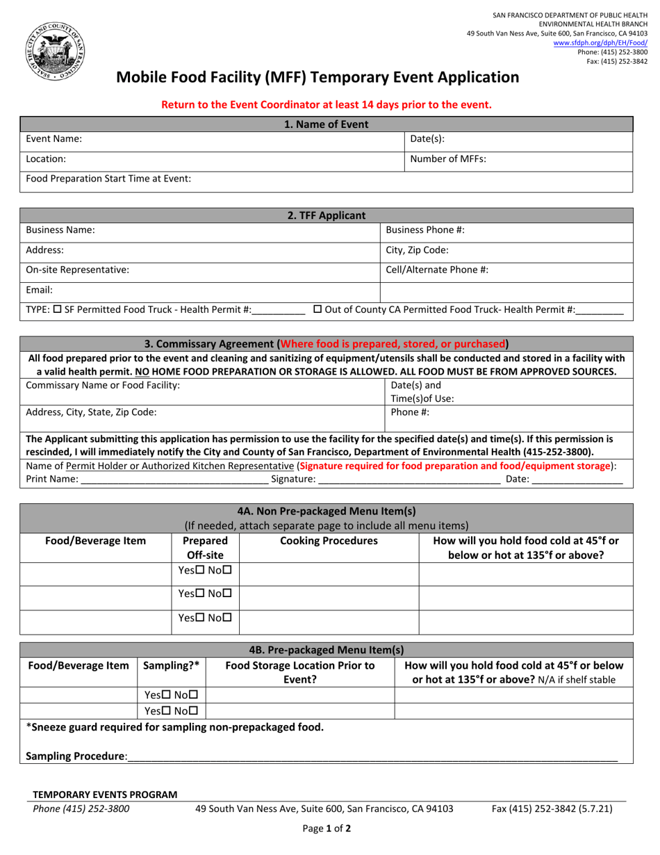 City and County of San Francisco, California Mobile Food Facility (Mff ...