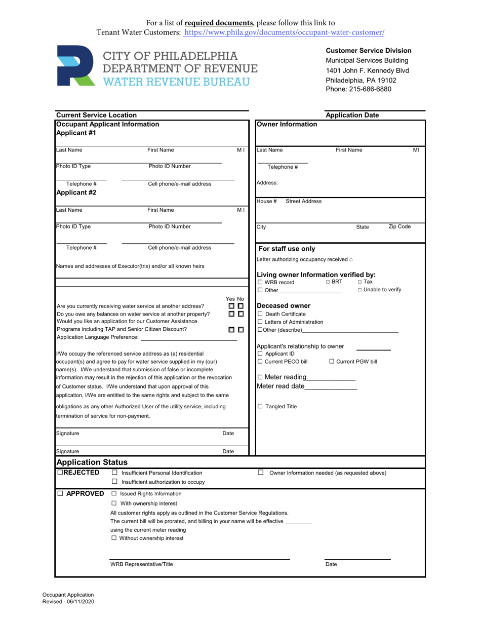City of Philadelphia, Pennsylvania New Occupant Water Customer ...