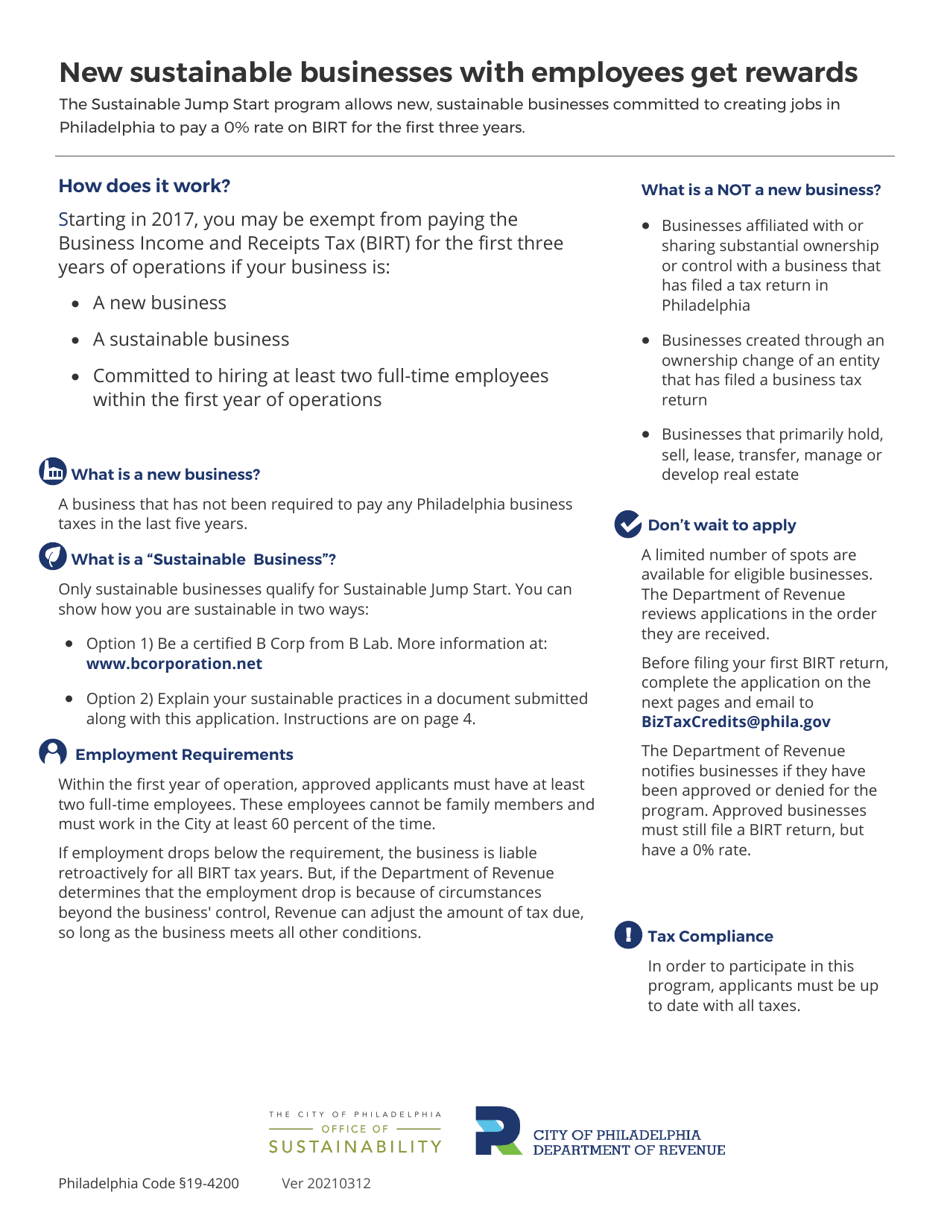 City of Philadelphia, Pennsylvania Sustainable Jumpstart Application ...
