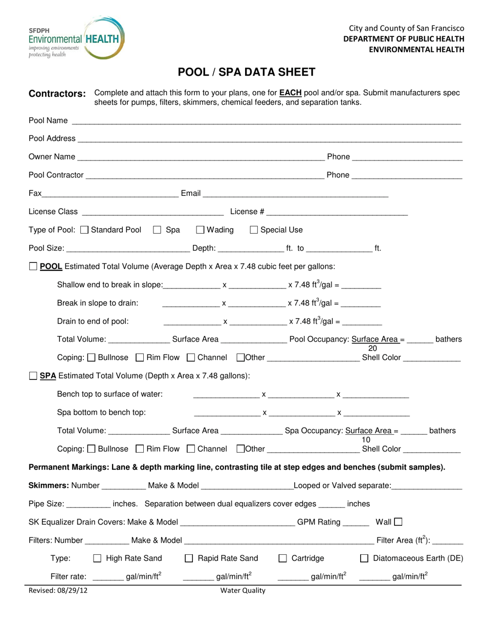 City and County of San Francisco, California Pool/SPA Data Sheet - Fill ...
