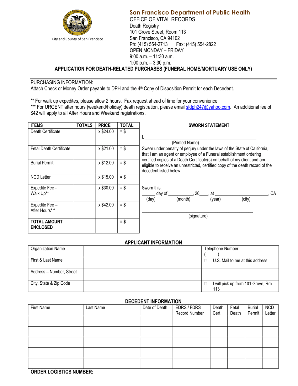 City and County of San Francisco, California Application for Death-Related Purchases (Funeral ...
