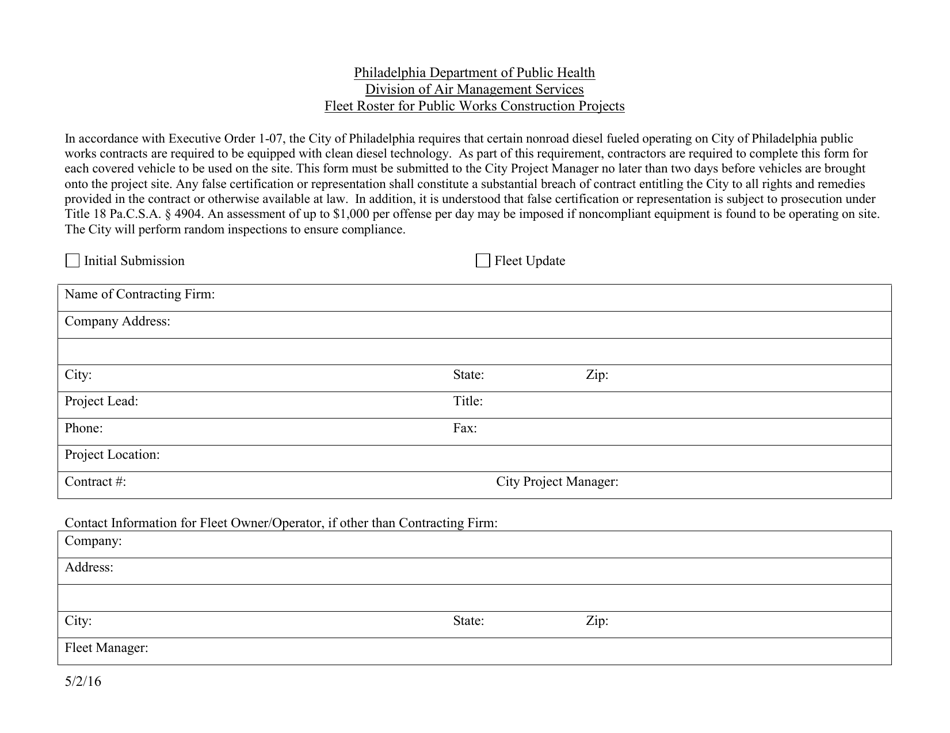 City of Philadelphia, Pennsylvania Fleet Roster for Public Works ...
