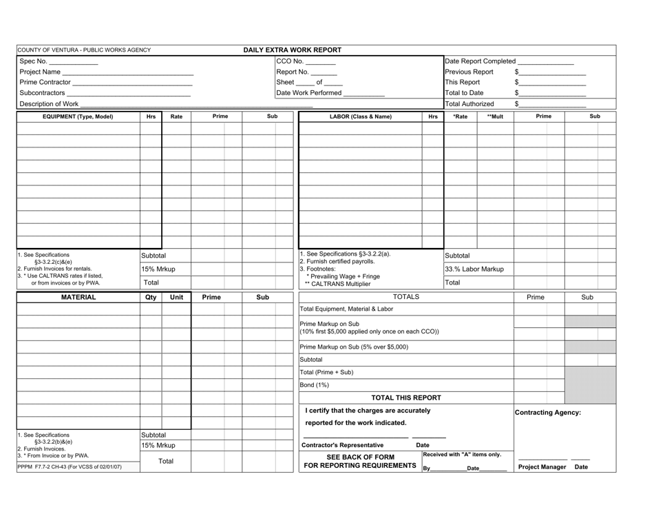 County of Ventura, California Daily Extra Work Report - Fill Out, Sign ...