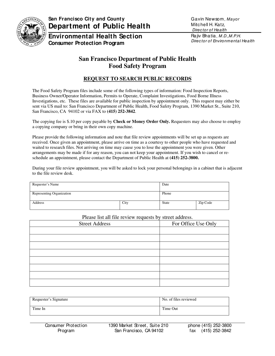 City and County of San Francisco, California Request to Search Public Records - Food Safety ...
