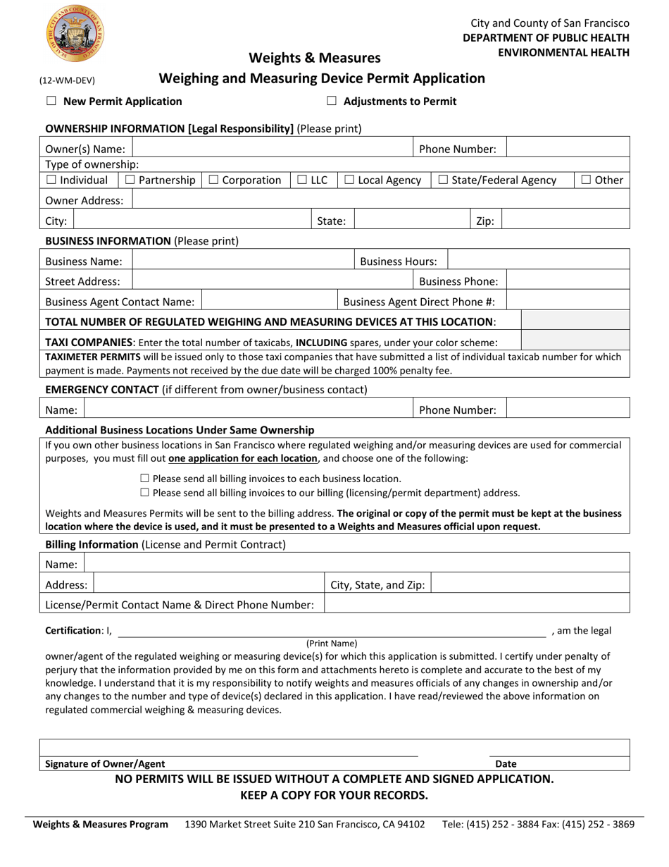 Form 12-WM-DEV - Fill Out, Sign Online and Download Fillable PDF, City and County of San ...