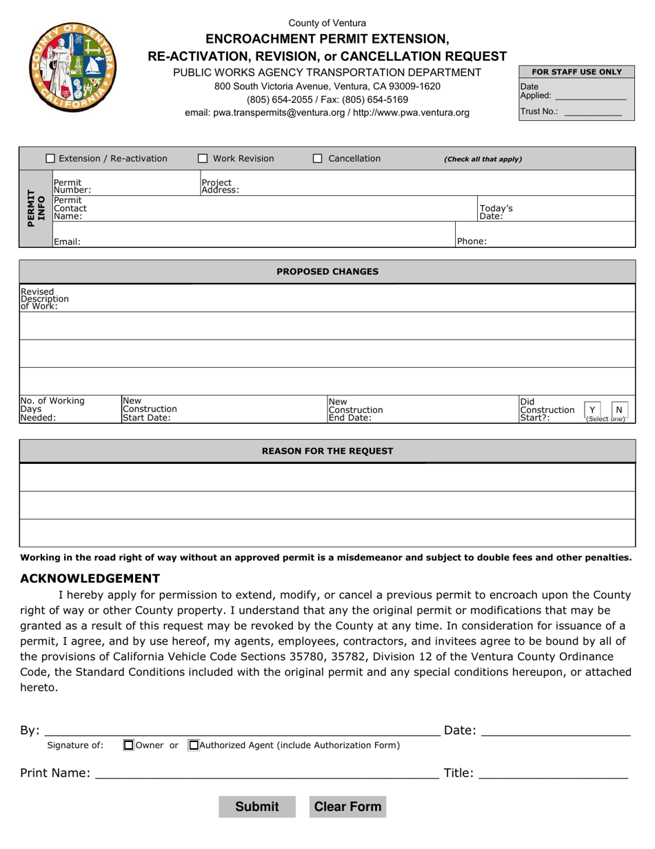 County of Ventura, California Encroachment Permit Extension, Re ...
