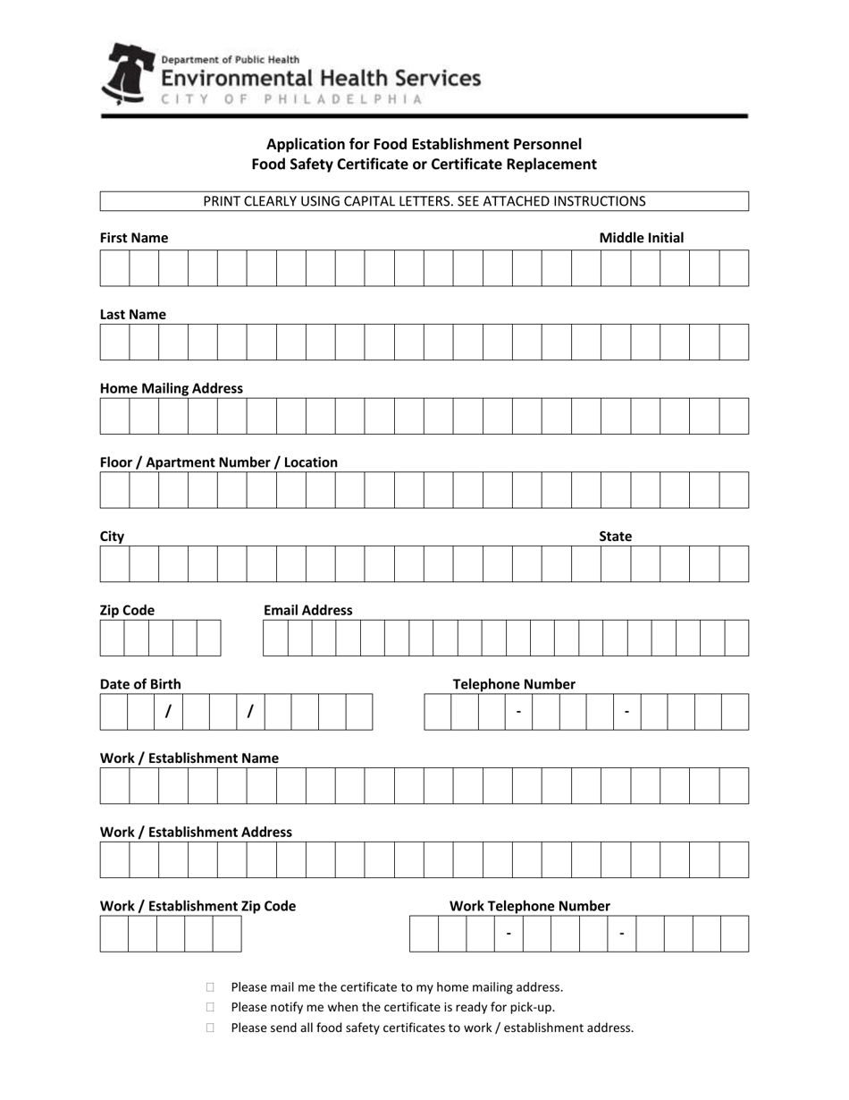 City of Philadelphia, Pennsylvania Application for Food Establishment ...