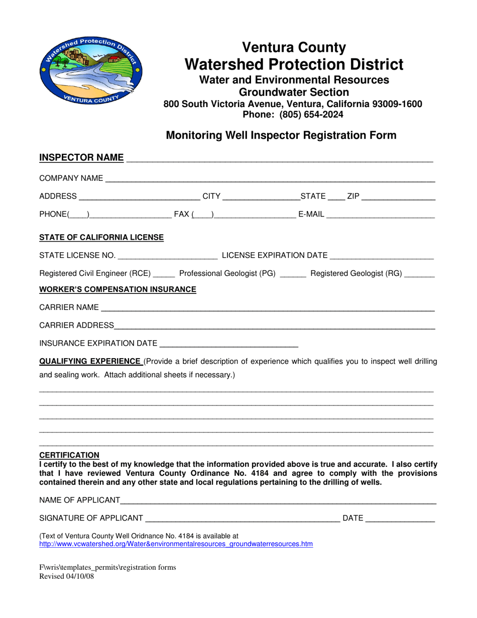 County of Ventura, California Monitoring Well Inspector Registration ...