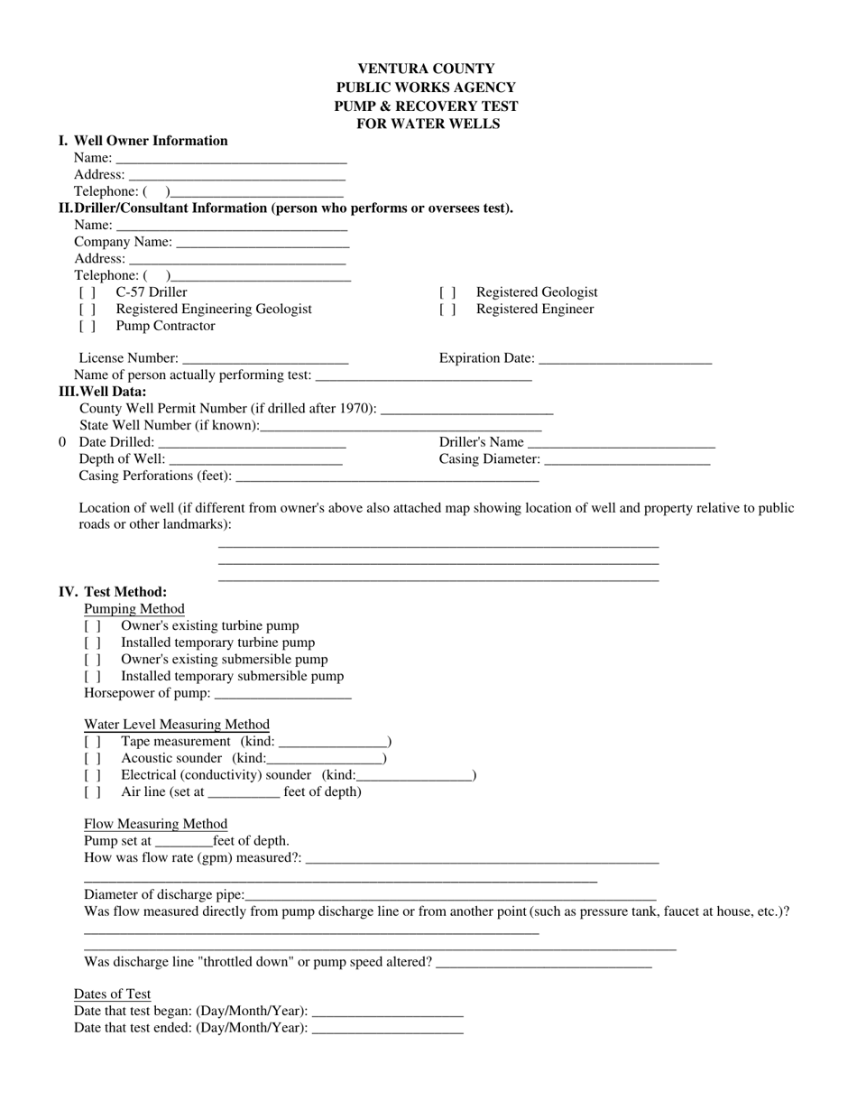 County of Ventura, California Pump & Recovery Test for Water Wells ...