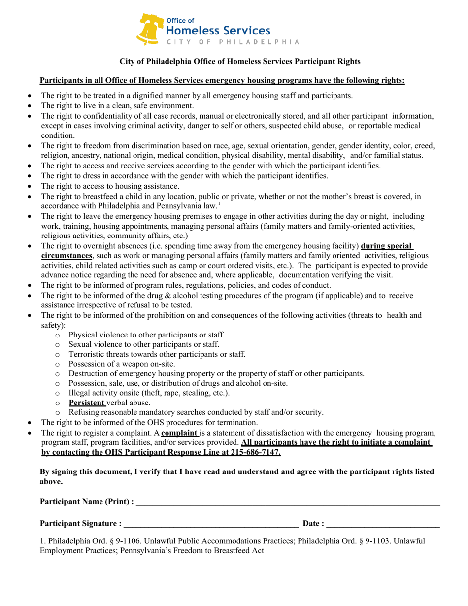 City of Philadelphia, Pennsylvania Participant Rights - Fill Out, Sign ...