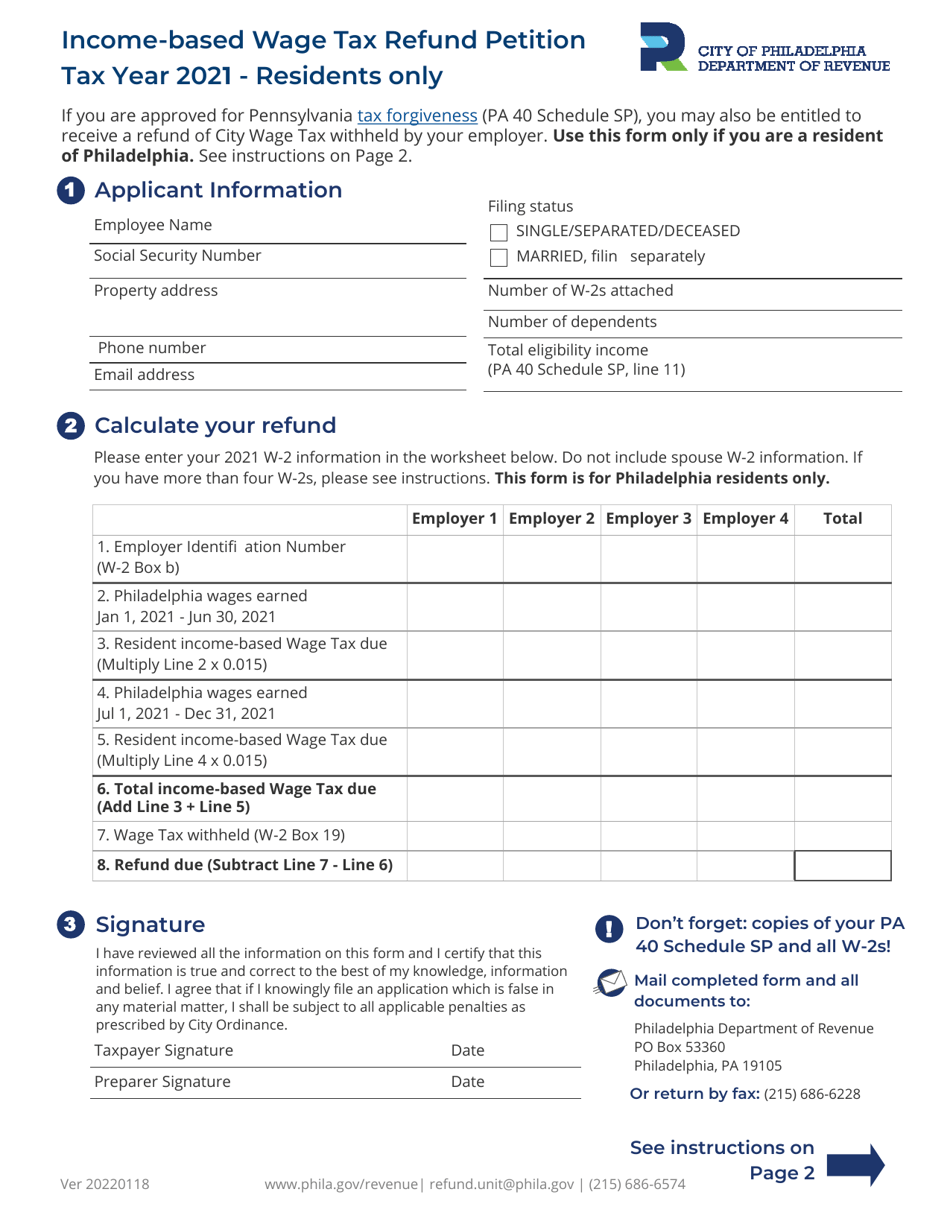 2021 City of Philadelphia, Pennsylvania Income-Based Wage Tax Refund ...