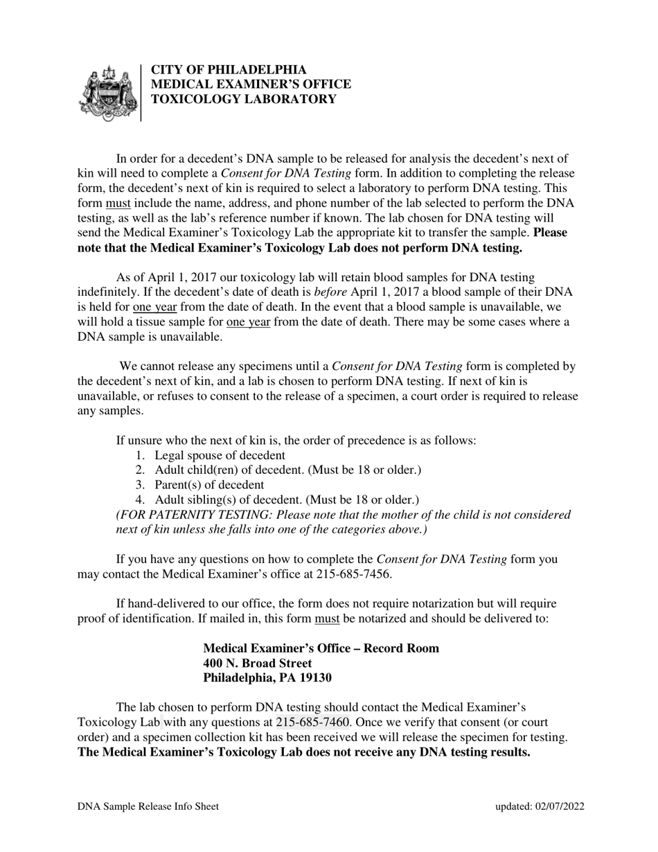 City of Philadelphia, Pennsylvania Consent for Dna Testing - Fill Out ...