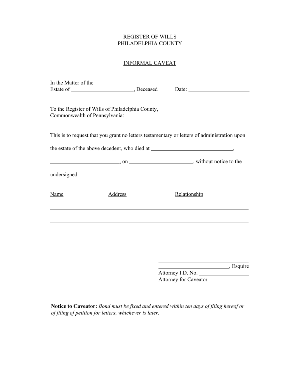 City of Philadelphia, Pennsylvania Informal Caveat - Fill Out, Sign ...