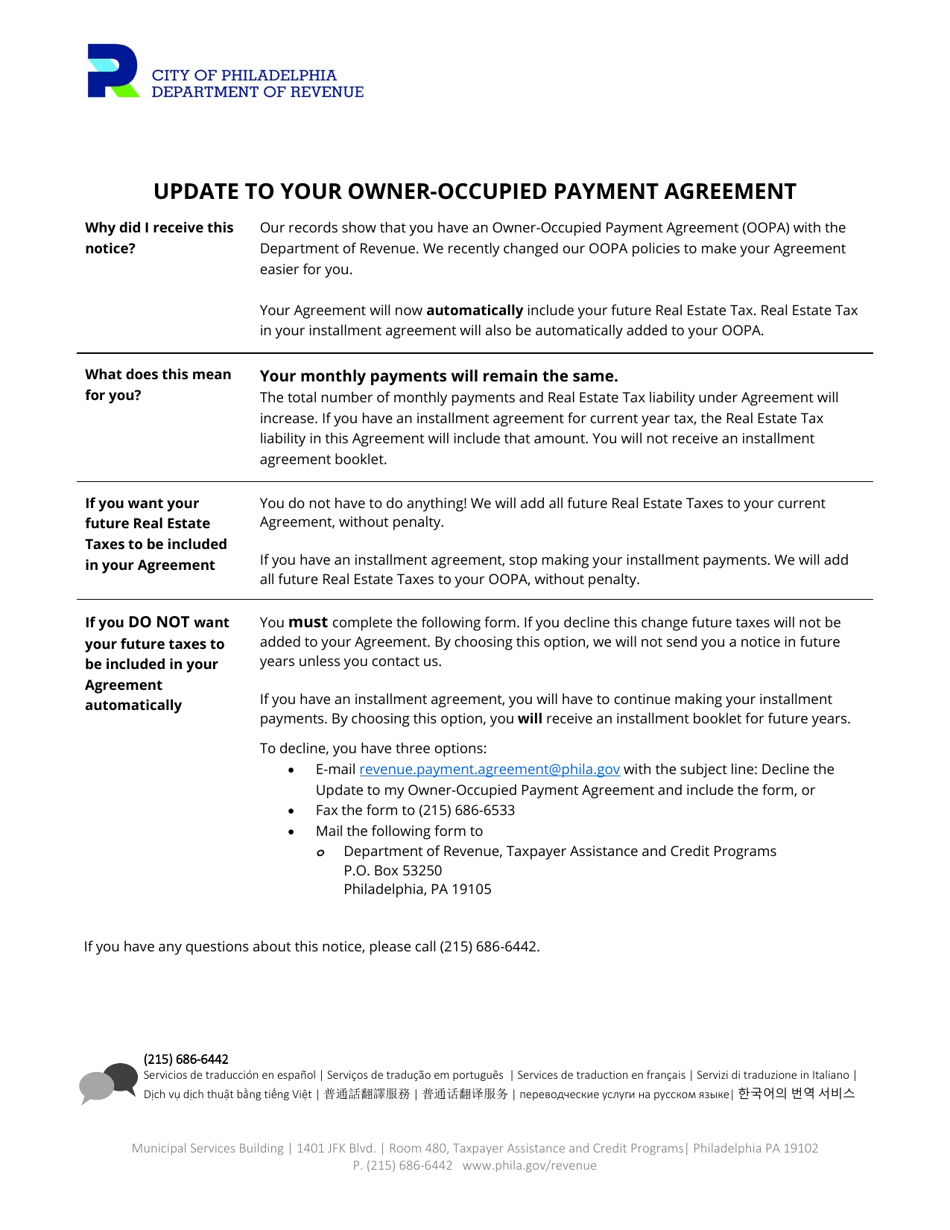 City of Philadelphia, Pennsylvania Owner-Occupied Payment Agreement ...