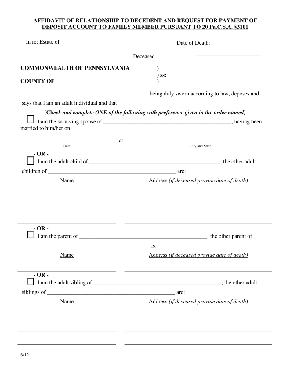 Pennsylvania Affidavit of Relationship to Decedent and Request for ...