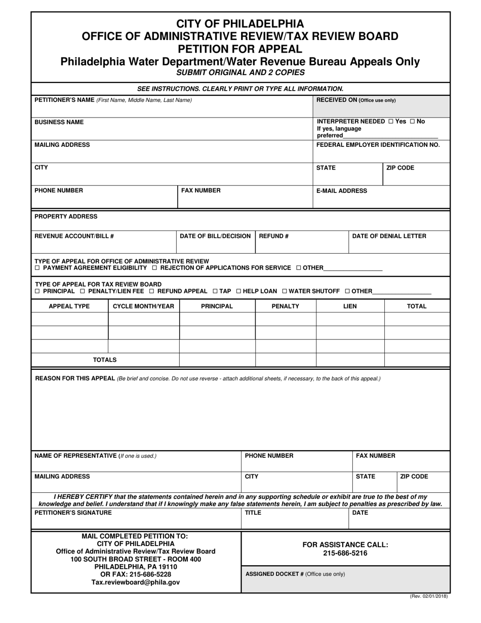 City of Philadelphia, Pennsylvania Petition for Appeal of a Water Bill or Penalty - Fill Out ...