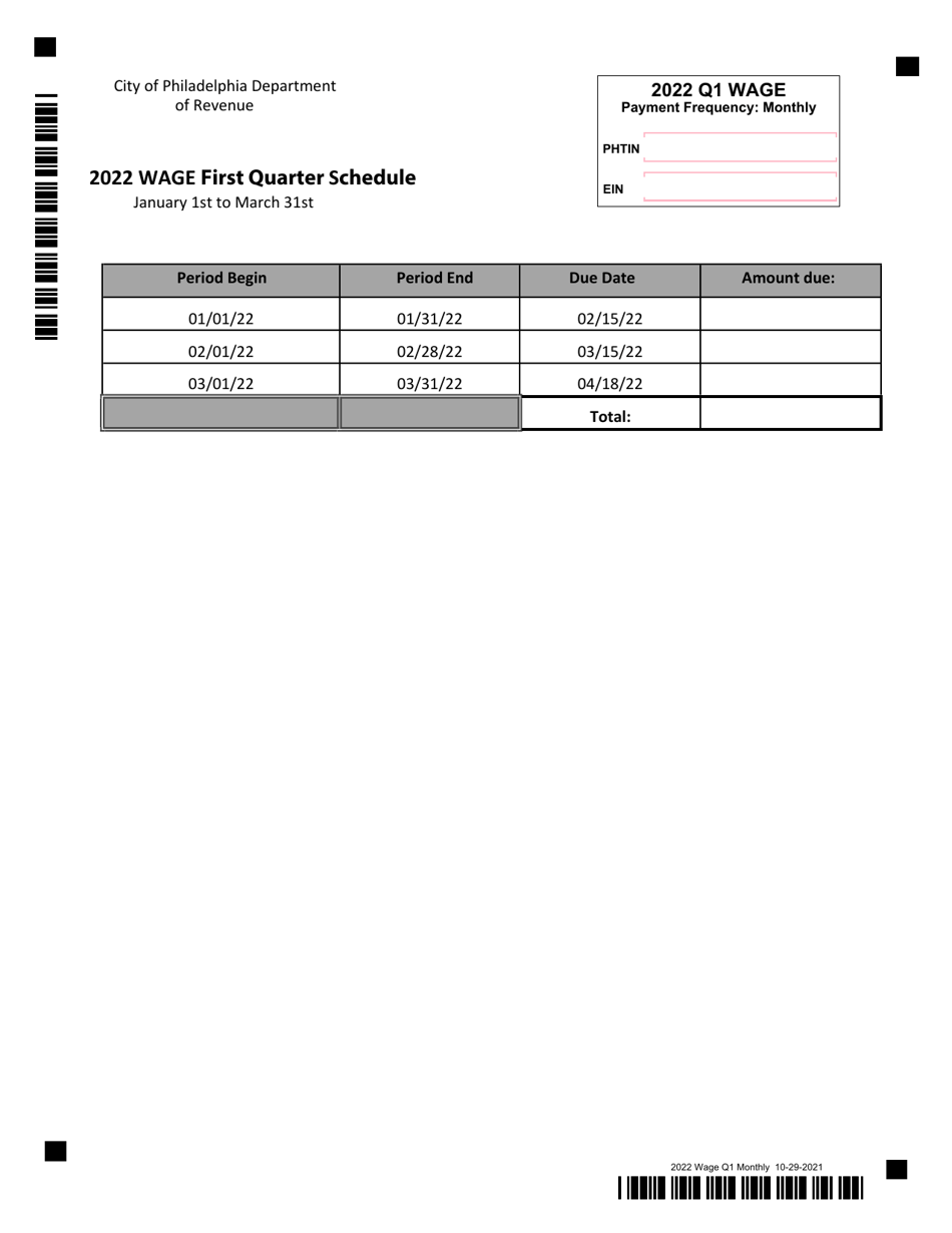 2022 City of Philadelphia, Pennsylvania Wage First Quarter Schedule - Fill Out, Sign Online and ...