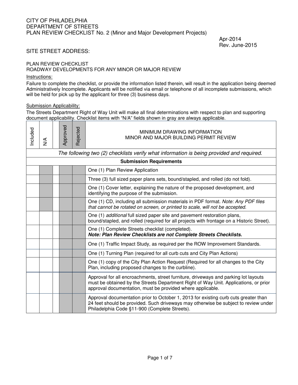 City of Philadelphia, Pennsylvania Plan Review Checklist No. 2 (Minor ...
