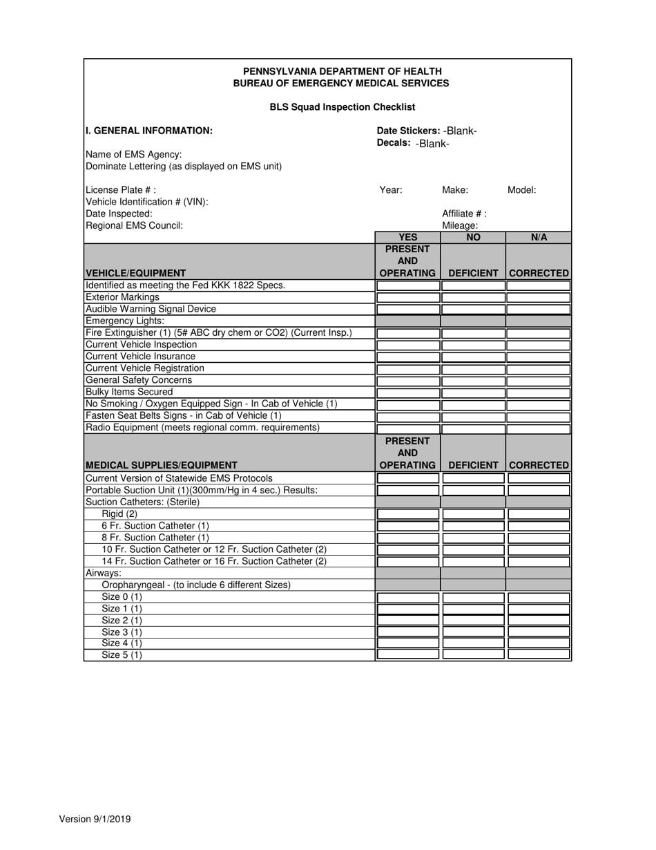 City of Philadelphia, Pennsylvania Bls Squad Inspection Checklist ...