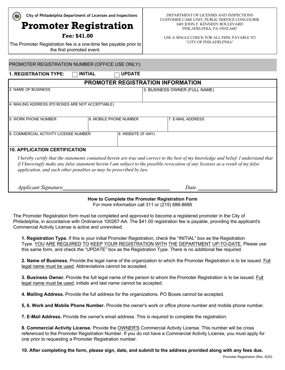 City of Philadelphia, Pennsylvania Promoter Registration - Fill Out ...