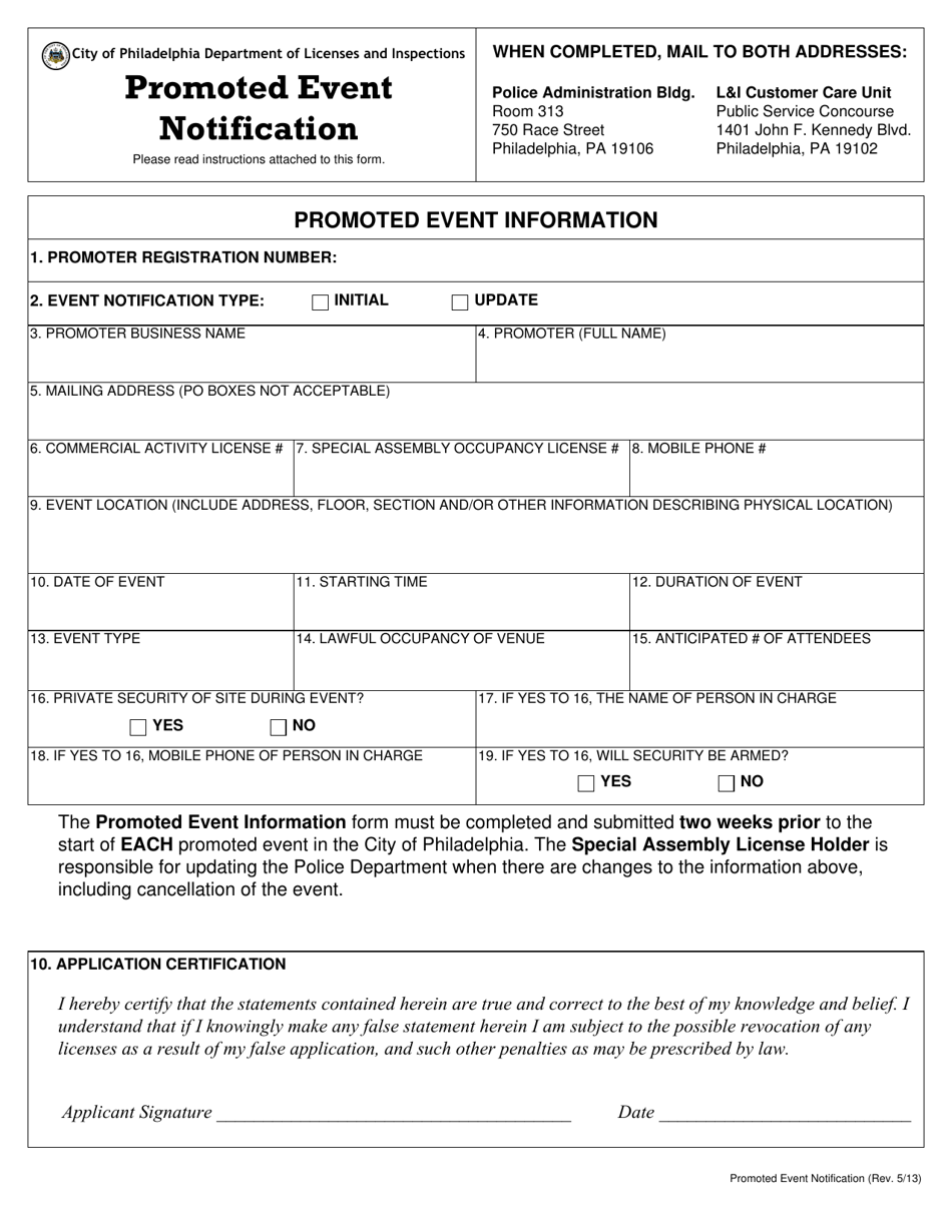 City of Philadelphia, Pennsylvania Promoted Event Notification - Fill ...