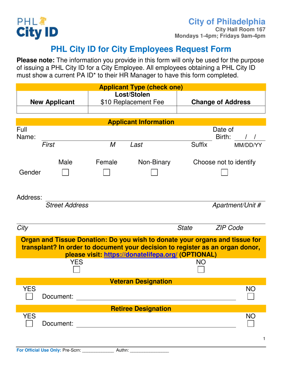 City of Philadelphia, Pennsylvania Phl City Id for City Employees ...