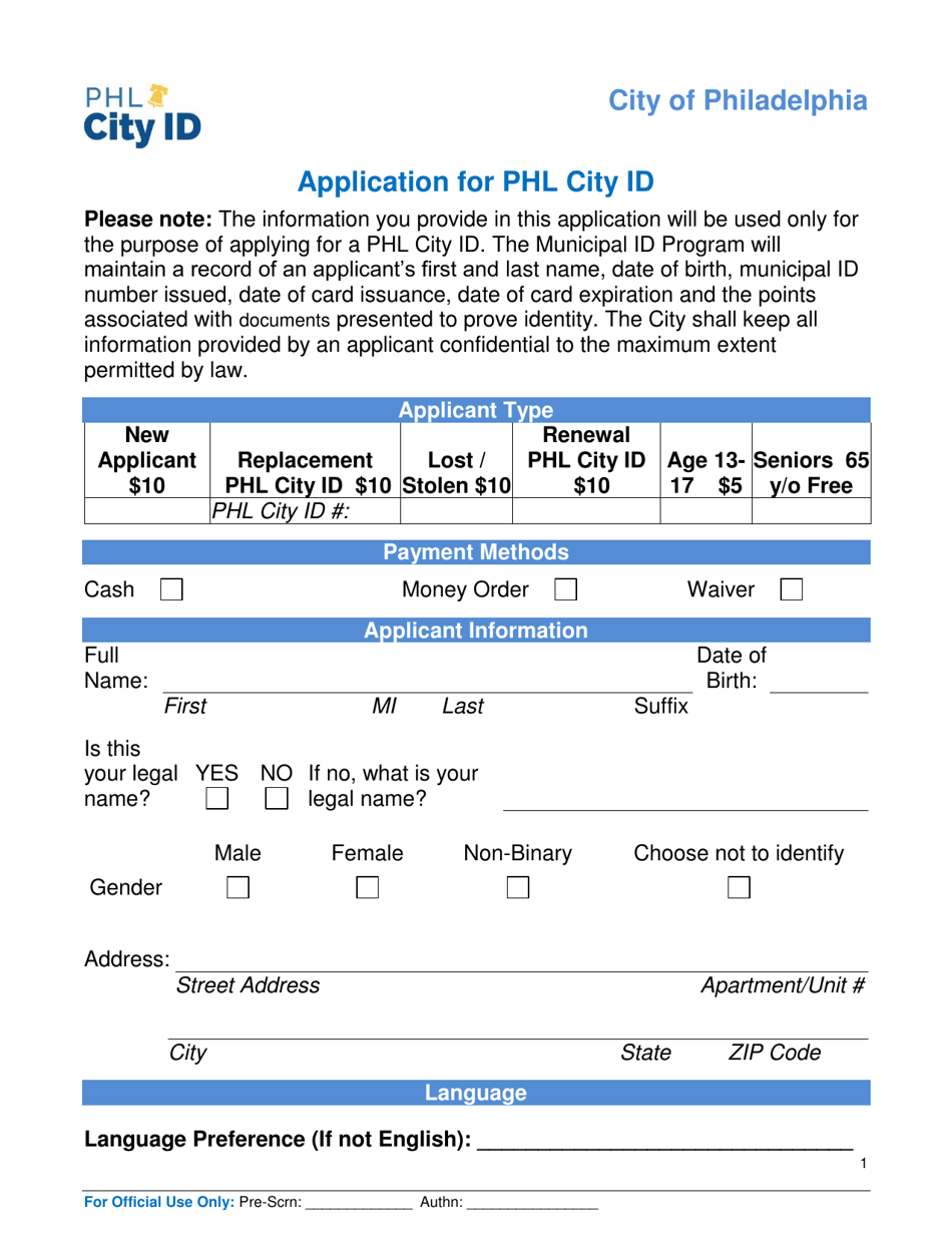 City of Philadelphia, Pennsylvania Application for Phl City Id - Fill ...