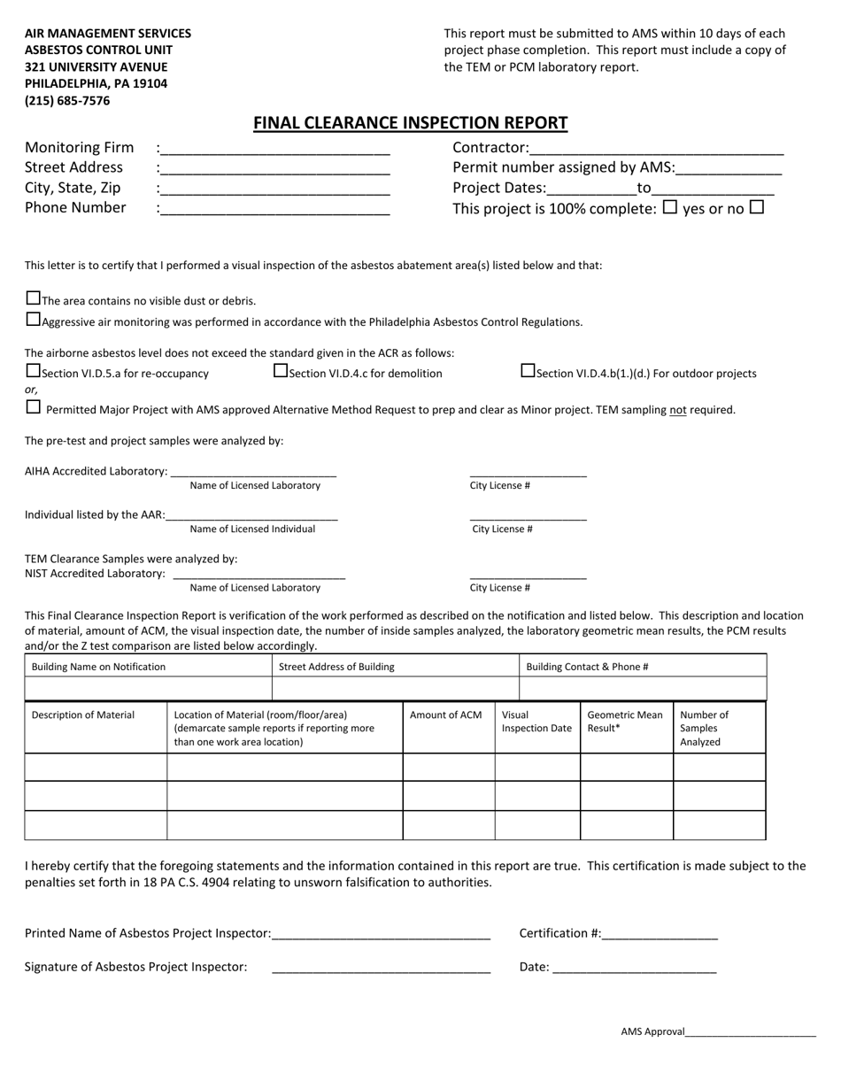 City of Philadelphia, Pennsylvania Asbestos Abatement Final Clearance Inspection Report Download ...