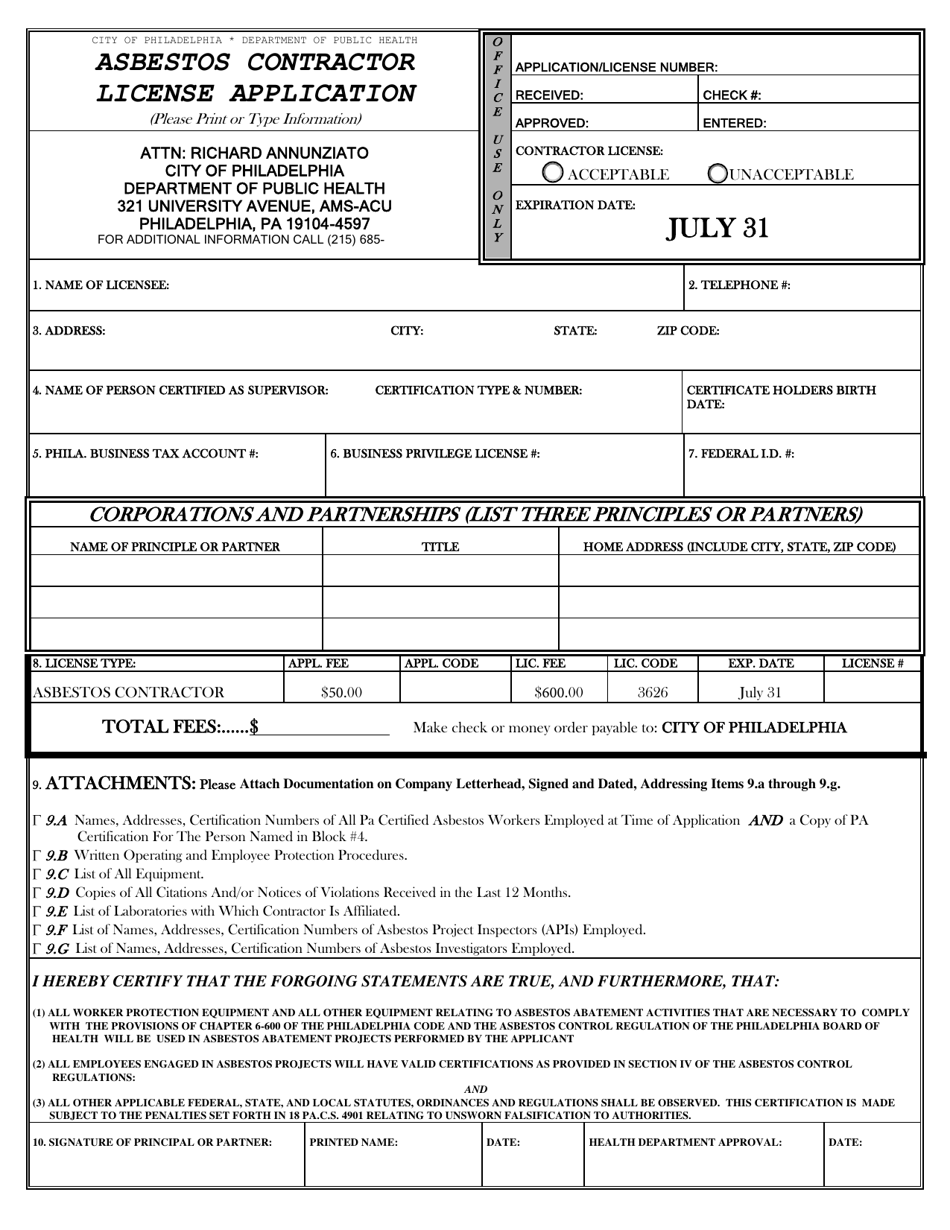 City of Philadelphia, Pennsylvania Asbestos Contractor License ...