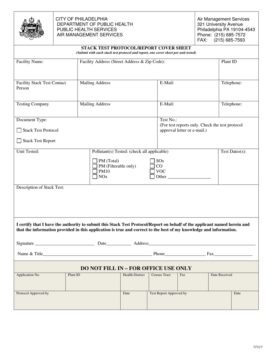 City of Philadelphia, Pennsylvania Stack Test Protocol/Report Cover ...