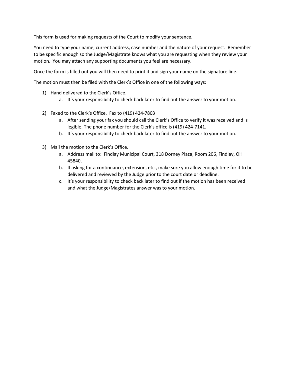 City of Findlay, Ohio Motion for Modification of Sentence - Fill Out ...