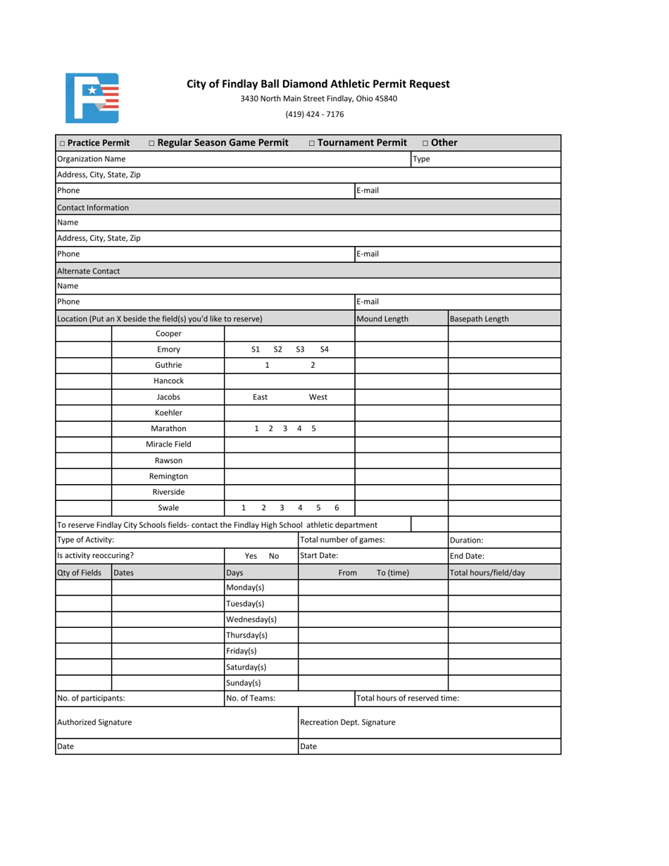 City of Findlay, Ohio Ball Diamond Athletic Permit Request - Fill Out ...