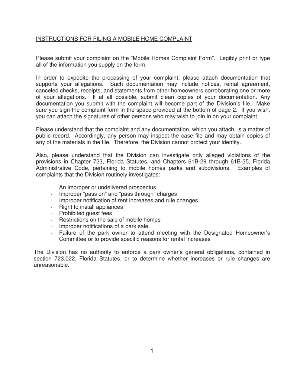 Florida Mobile Home Complaint Form - Fill Out, Sign Online and Download ...