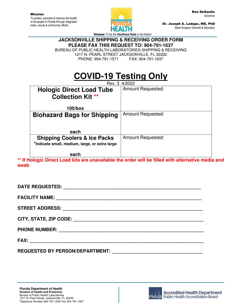 Florida Jacksonville Shipping & Receiving Order Form - Covid-19 Testing ...
