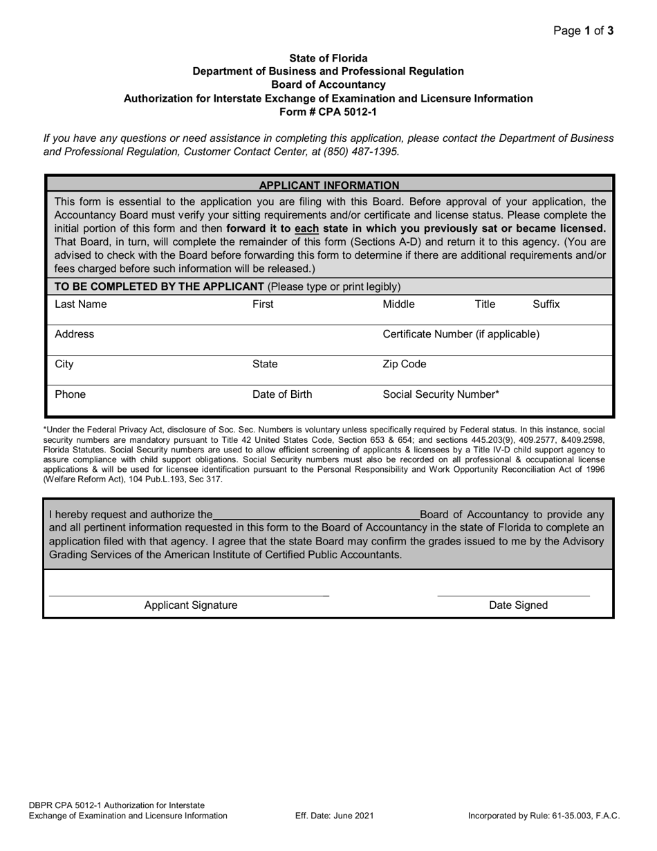 Form DBPR CPA5012-1 - Fill Out, Sign Online and Download Fillable PDF ...