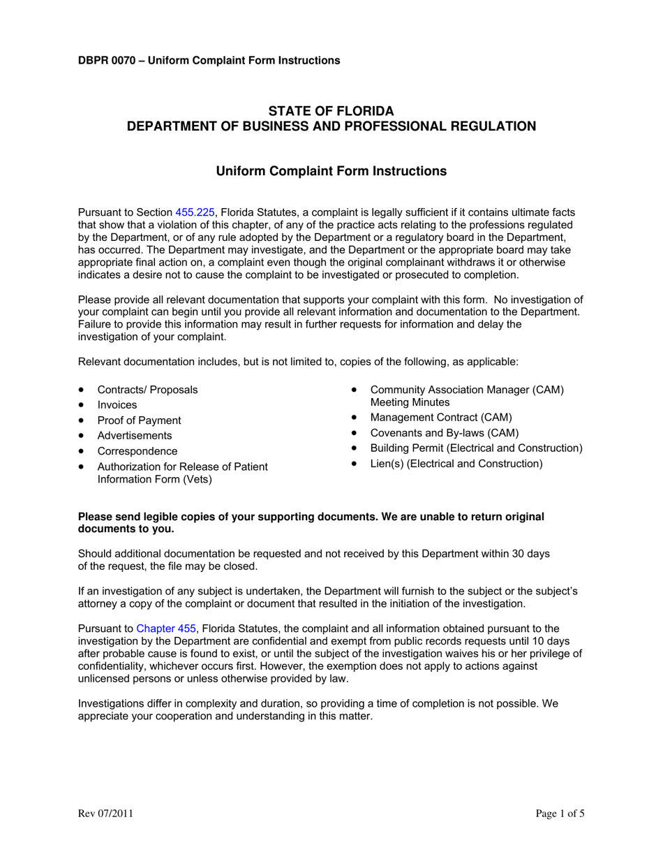 Form DBPR0070 - Fill Out, Sign Online and Download Printable PDF ...