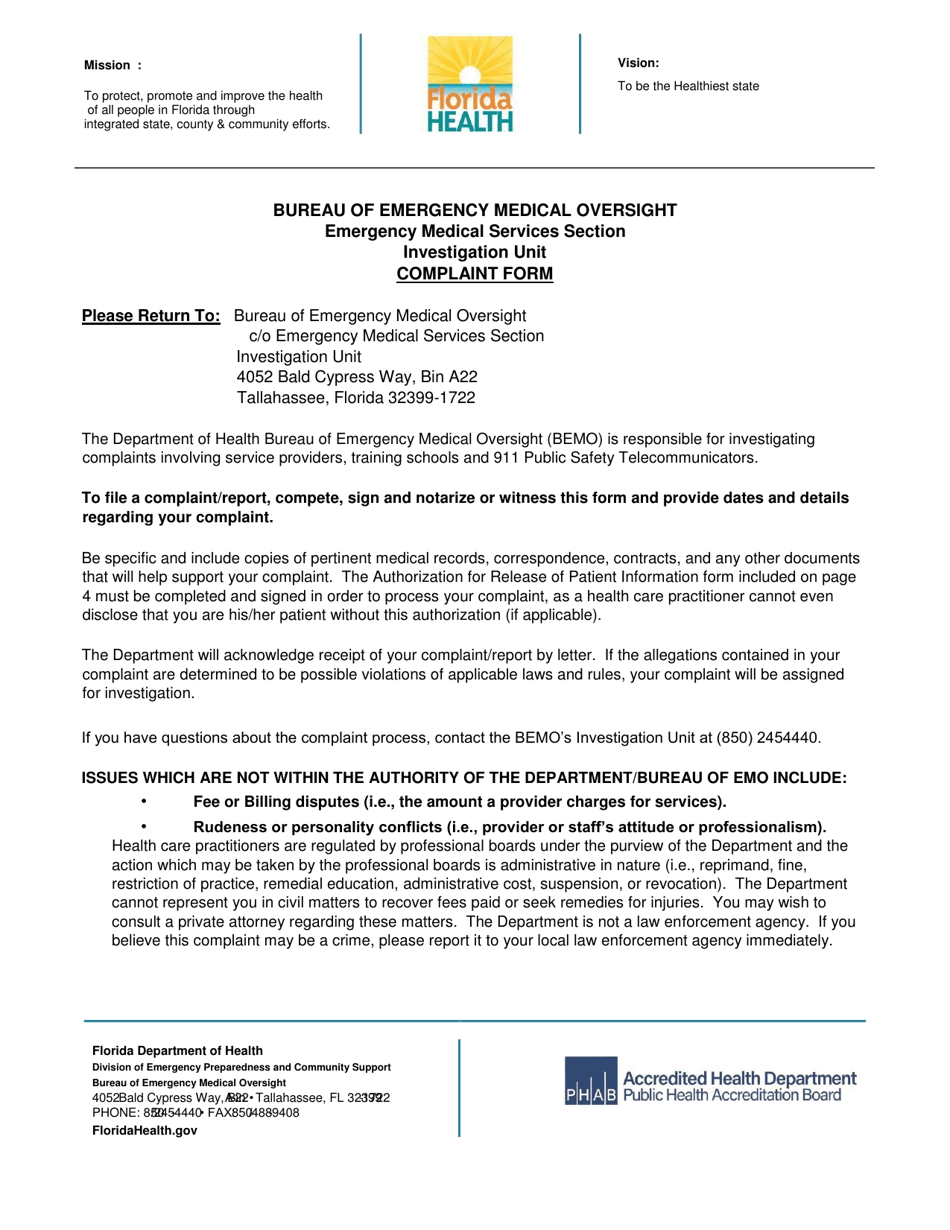 Florida Complaint Form - Fill Out, Sign Online and Download PDF ...