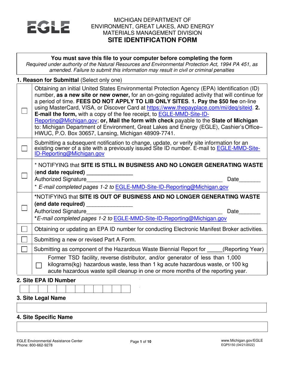 Form EQP5150 - Fill Out, Sign Online and Download Fillable PDF, Michigan | Templateroller