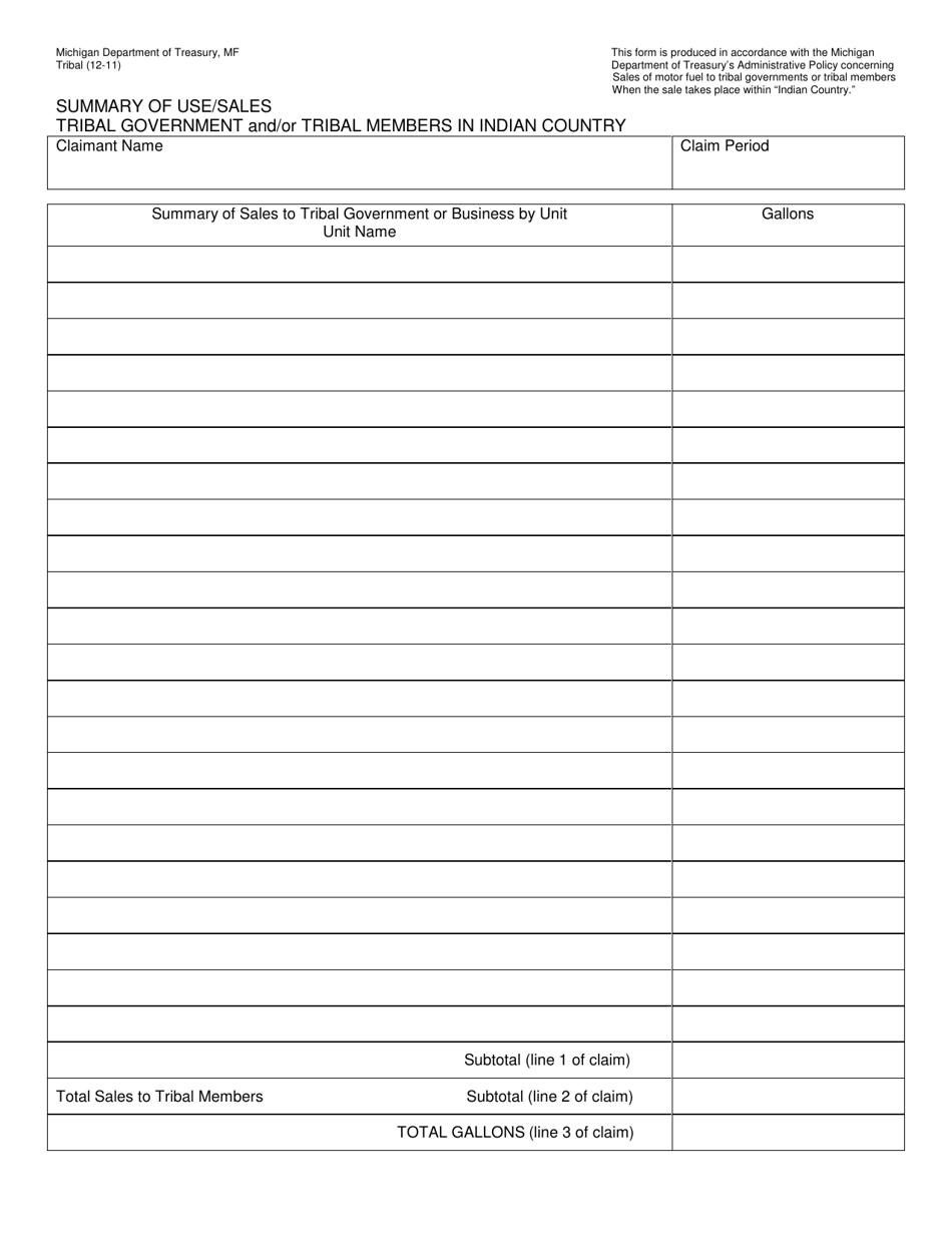 Michigan Summary of Use/Sales - Tribal Government and/or Tribal Members ...
