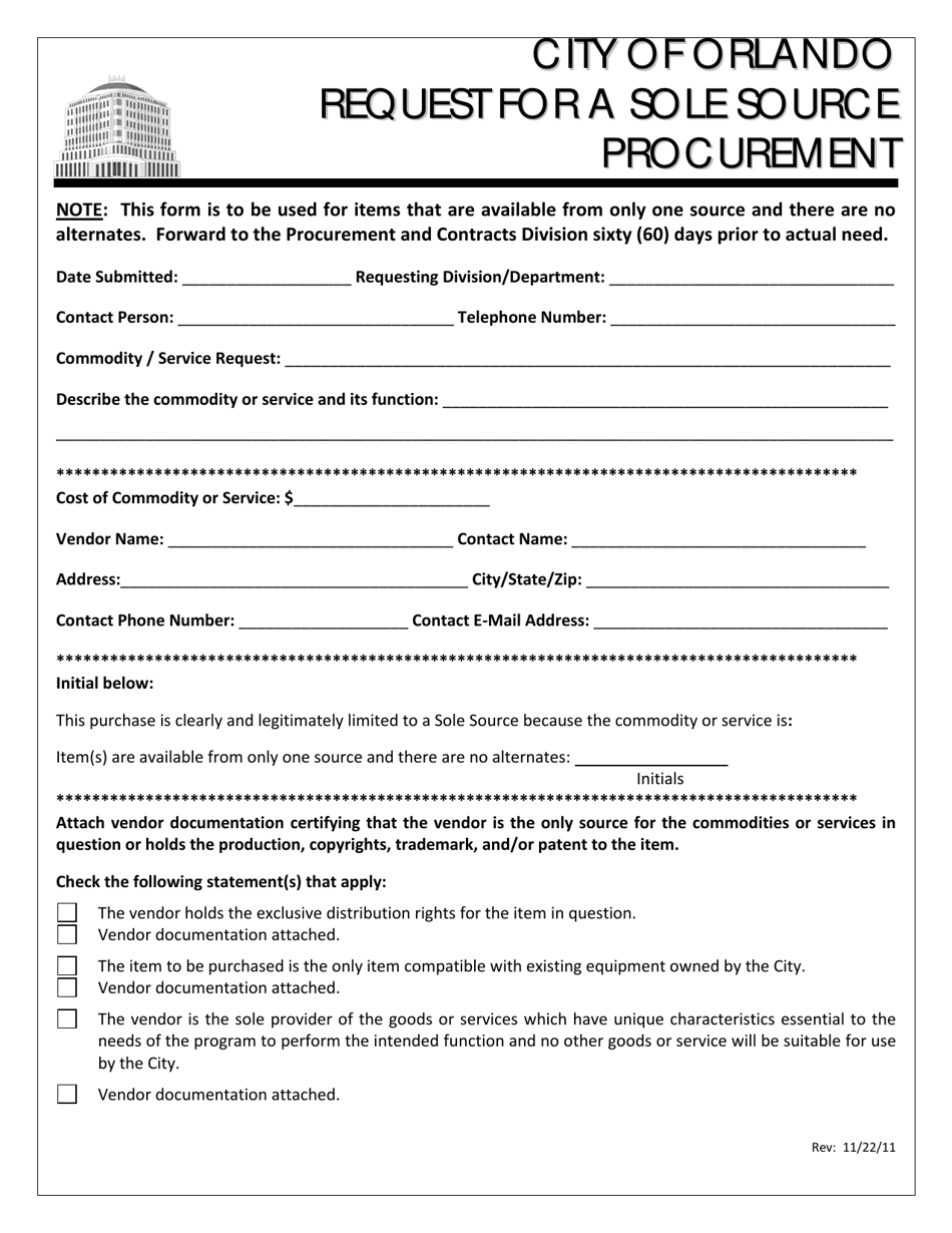 City of Orlando, Florida Request for a Sole Source Procurement - Fill Out, Sign Online and ...