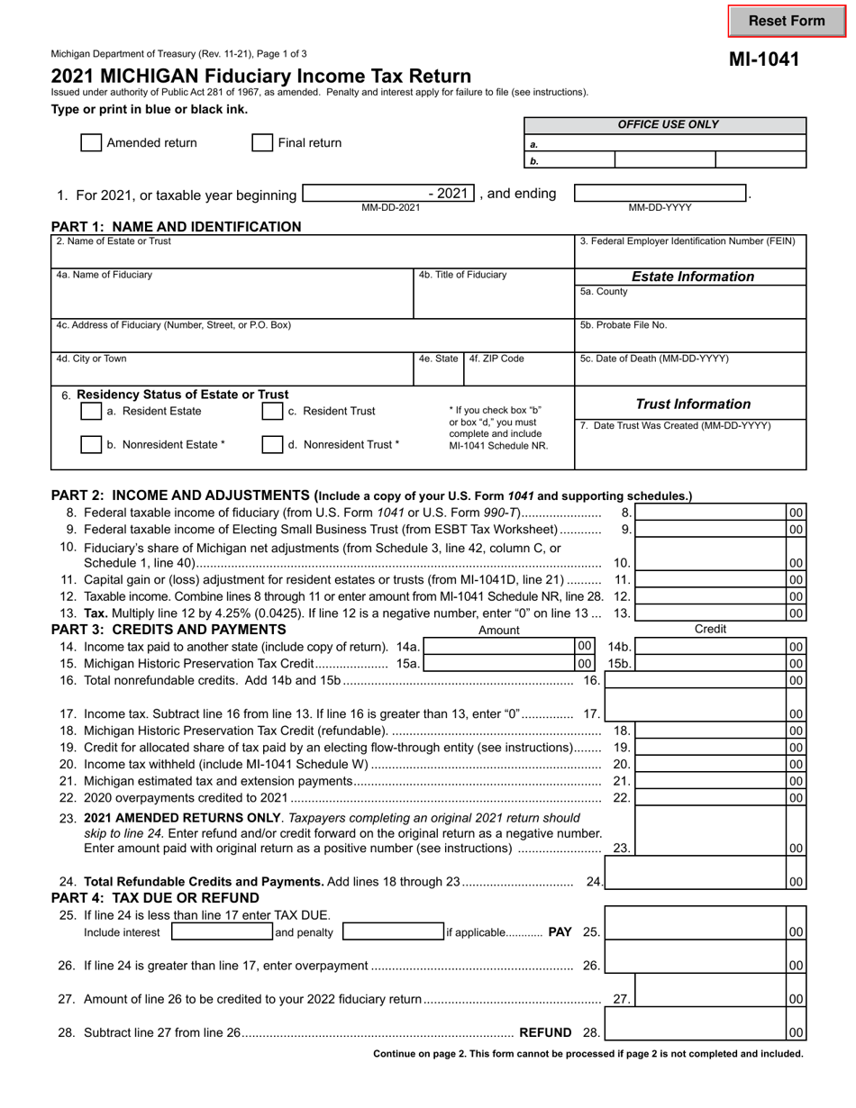 Form MI-1041 - 2021 - Fill Out, Sign Online and Download Fillable PDF, Michigan | Templateroller