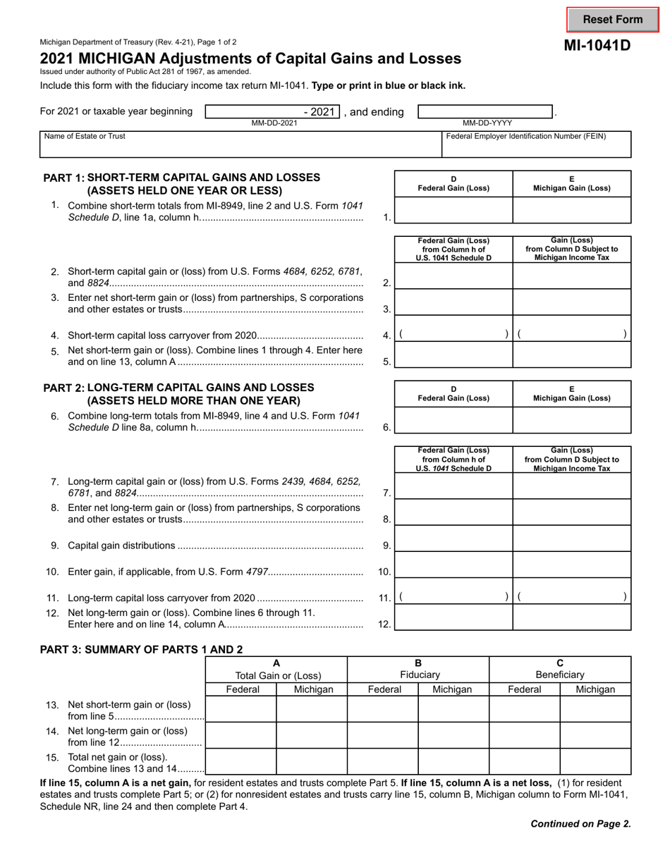 Form MI-1041D - 2021 - Fill Out, Sign Online and Download Fillable PDF ...