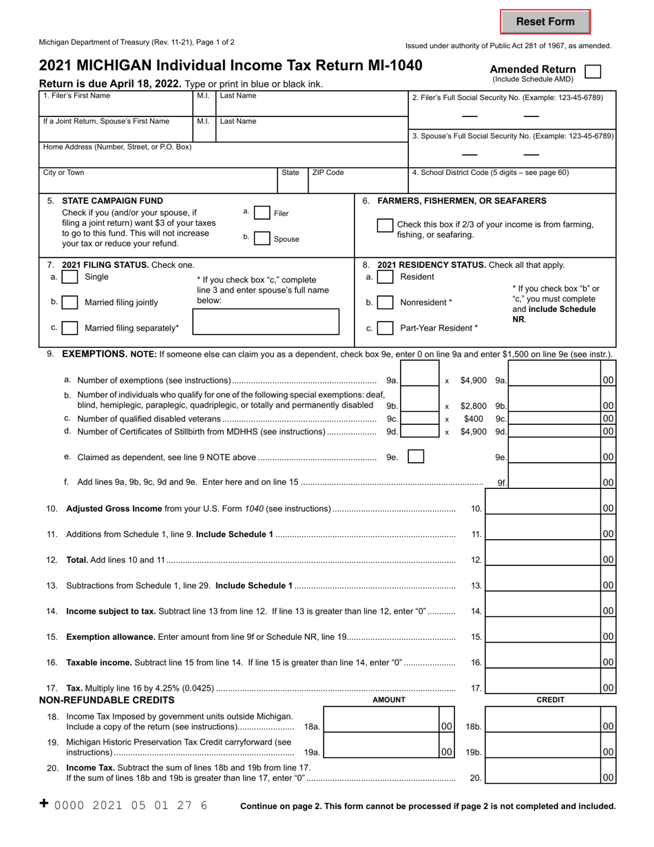 Form MI-1040 - 2021 - Fill Out, Sign Online and Download Fillable PDF, Michigan | Templateroller